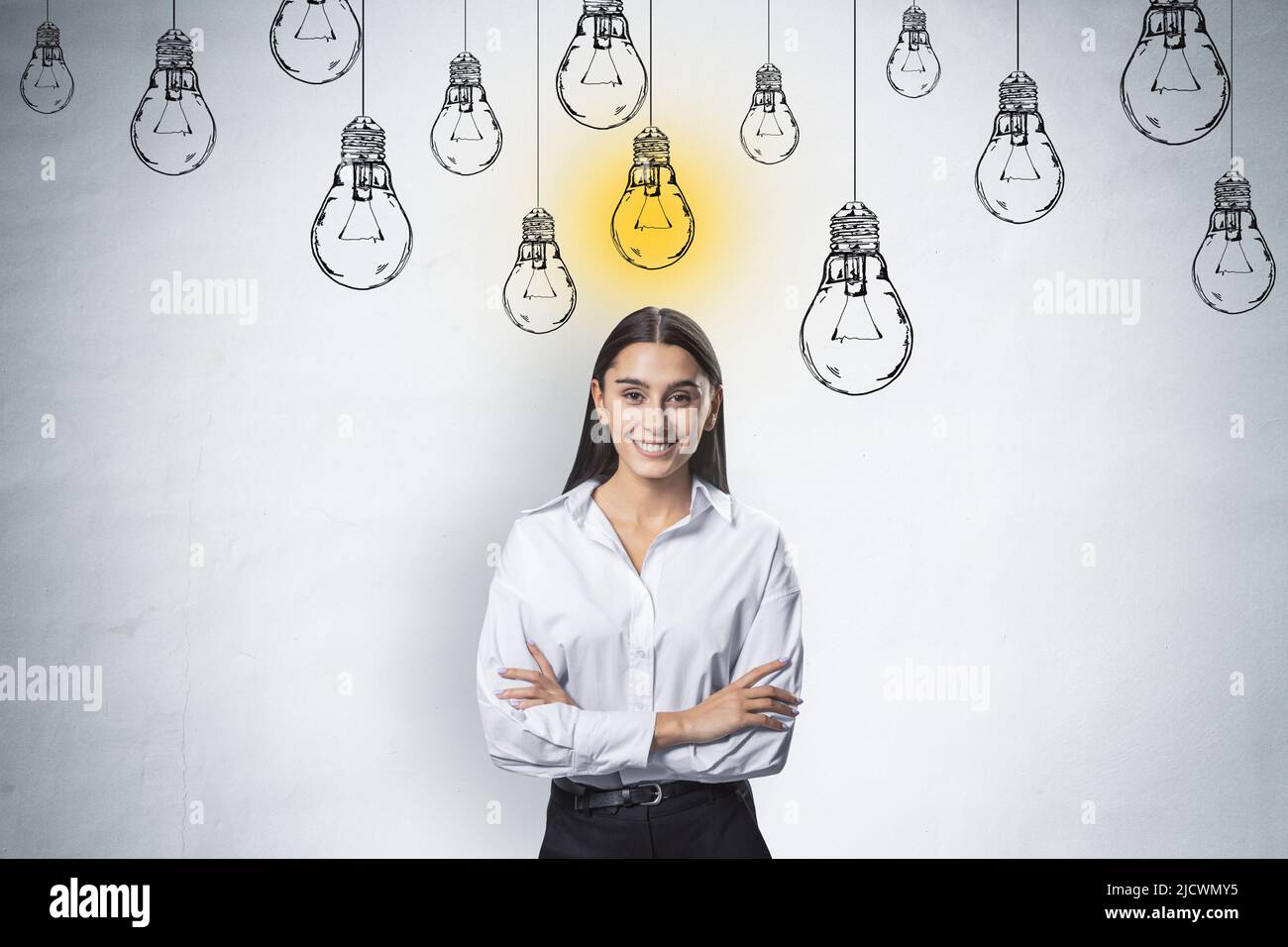 Creative idea and startup concept with happy and smiling young woman in ...