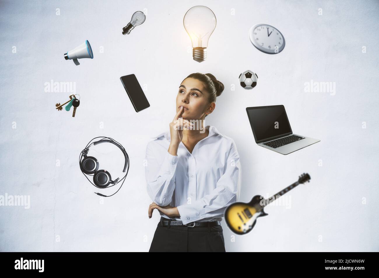 Soft skills and creative idea concept with young pensive woman looking ...