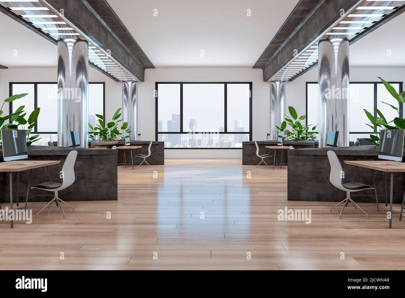 Sunny spacious coworking office with eco interior design with wooden ...