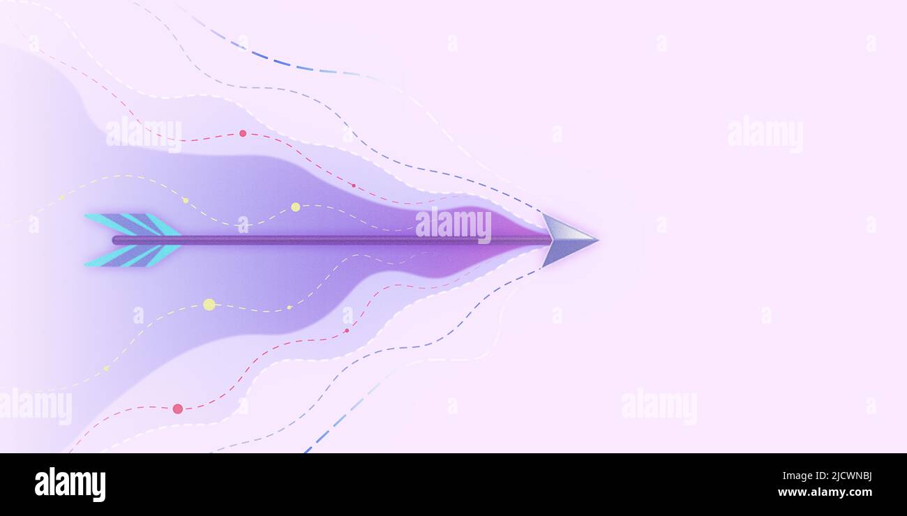 Goal target concept with purple shades flying arrow leaving a trail of ...