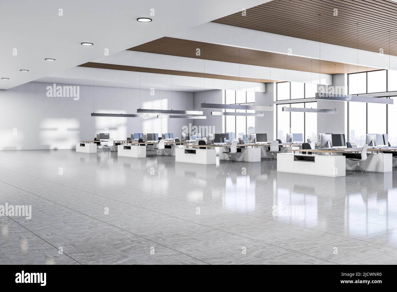 Perspective view on sunny spacious coworking office with modern work ...