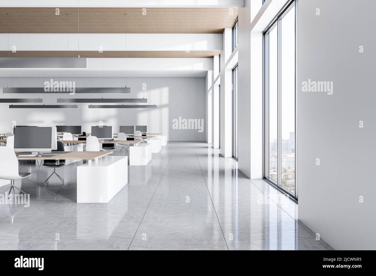 Side view on sunny office with minimalistic light interior design ...