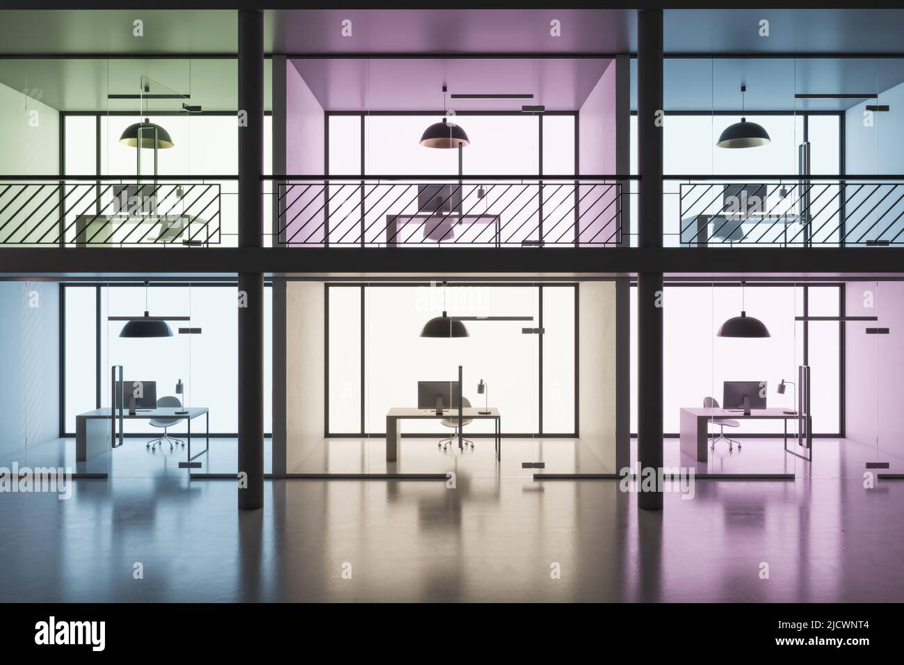 Front view on colorful office parlors with comfortable work places ...