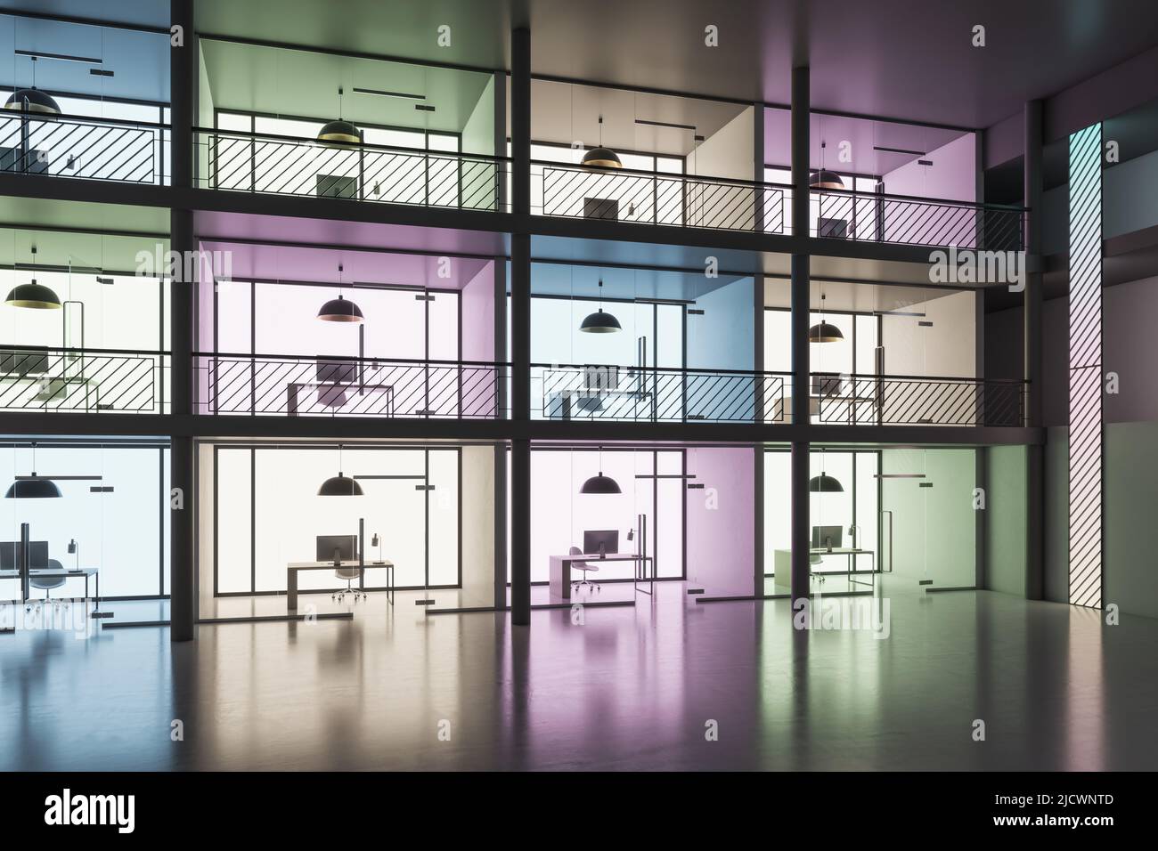 Front view on multi-storey office parlors with cozy work spaces based ...