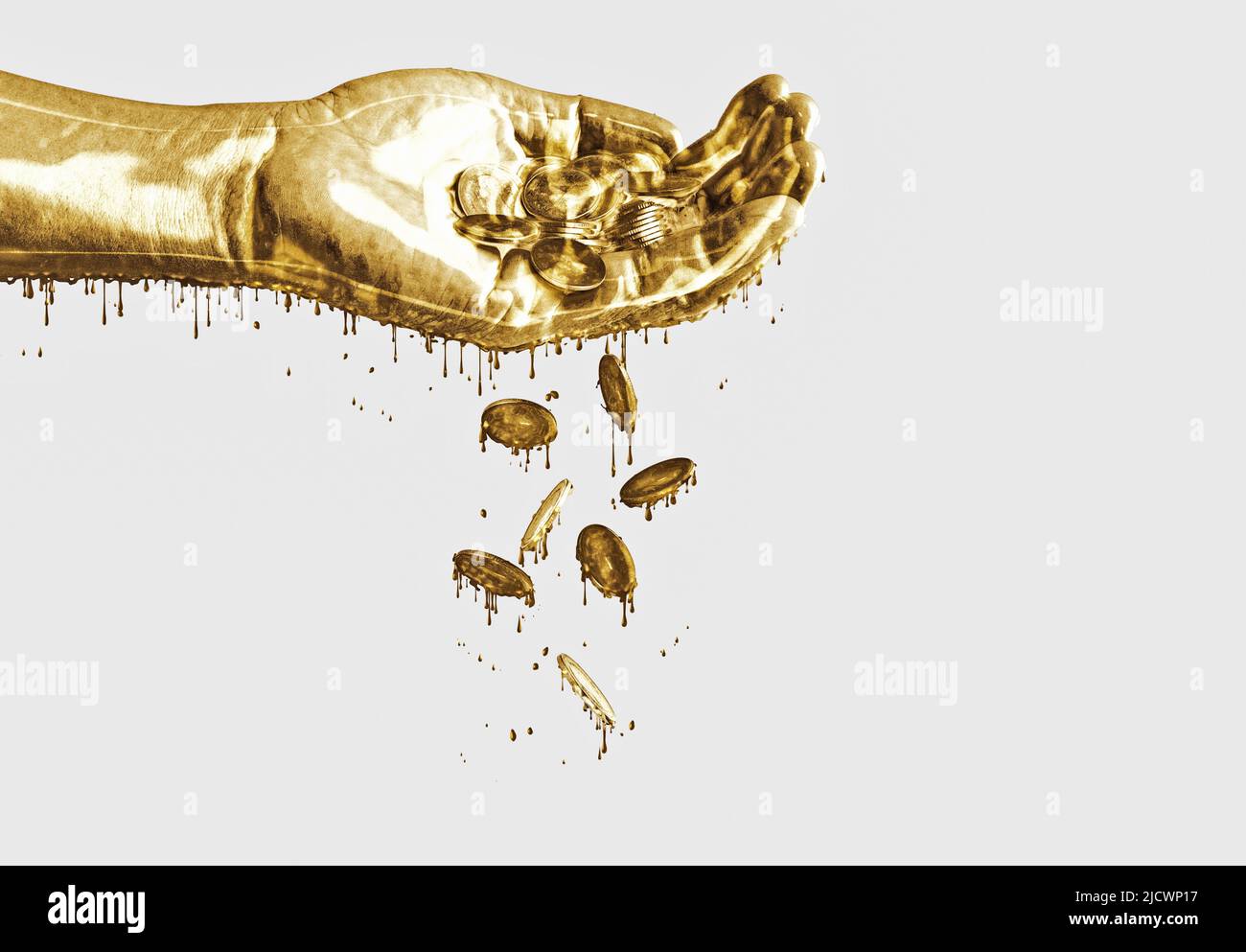 Golden hand and coins. Coins in palm of hands falling isolated on white ...