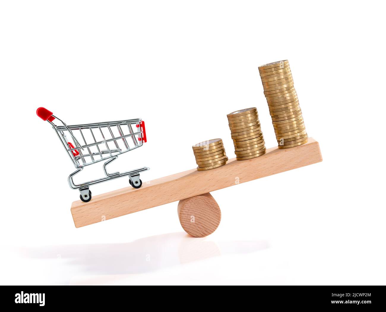 Inflation. Shopping and money. Coin and shopping trolley on wooden ...