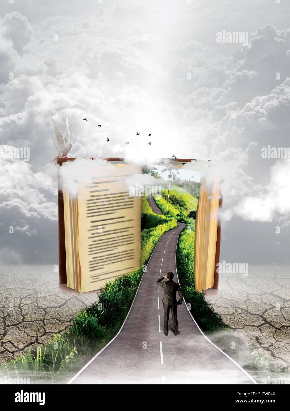 3D illustration tells about life inside the book. The man in the book ...