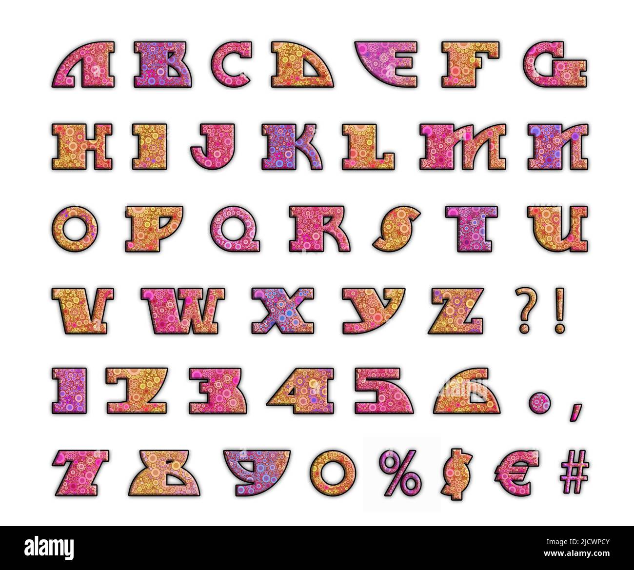 Alphabet made of letters with circles in pink and yellow and a little ...