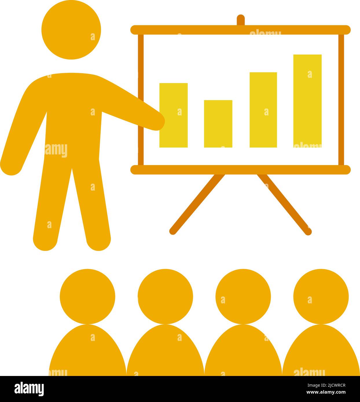 Flat yellow presentation speech with audience and a whiteboard icon ...