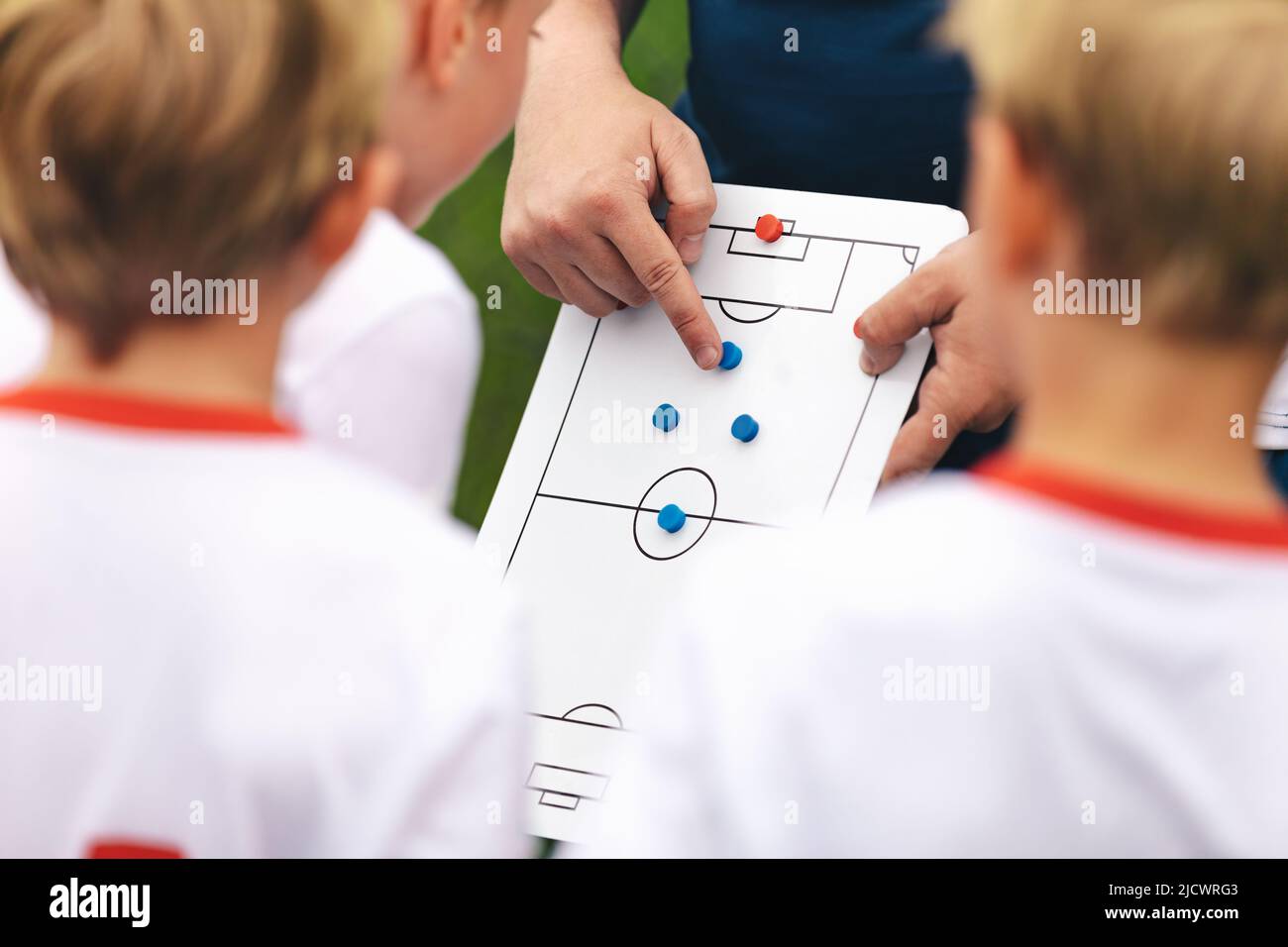 Coach explains a game strategy using a whiteboard. Anonymous football ...