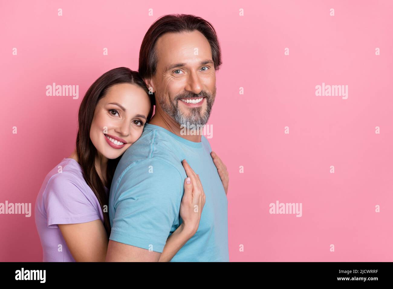 Profile side photo of charming couple hug each other wife support her ...