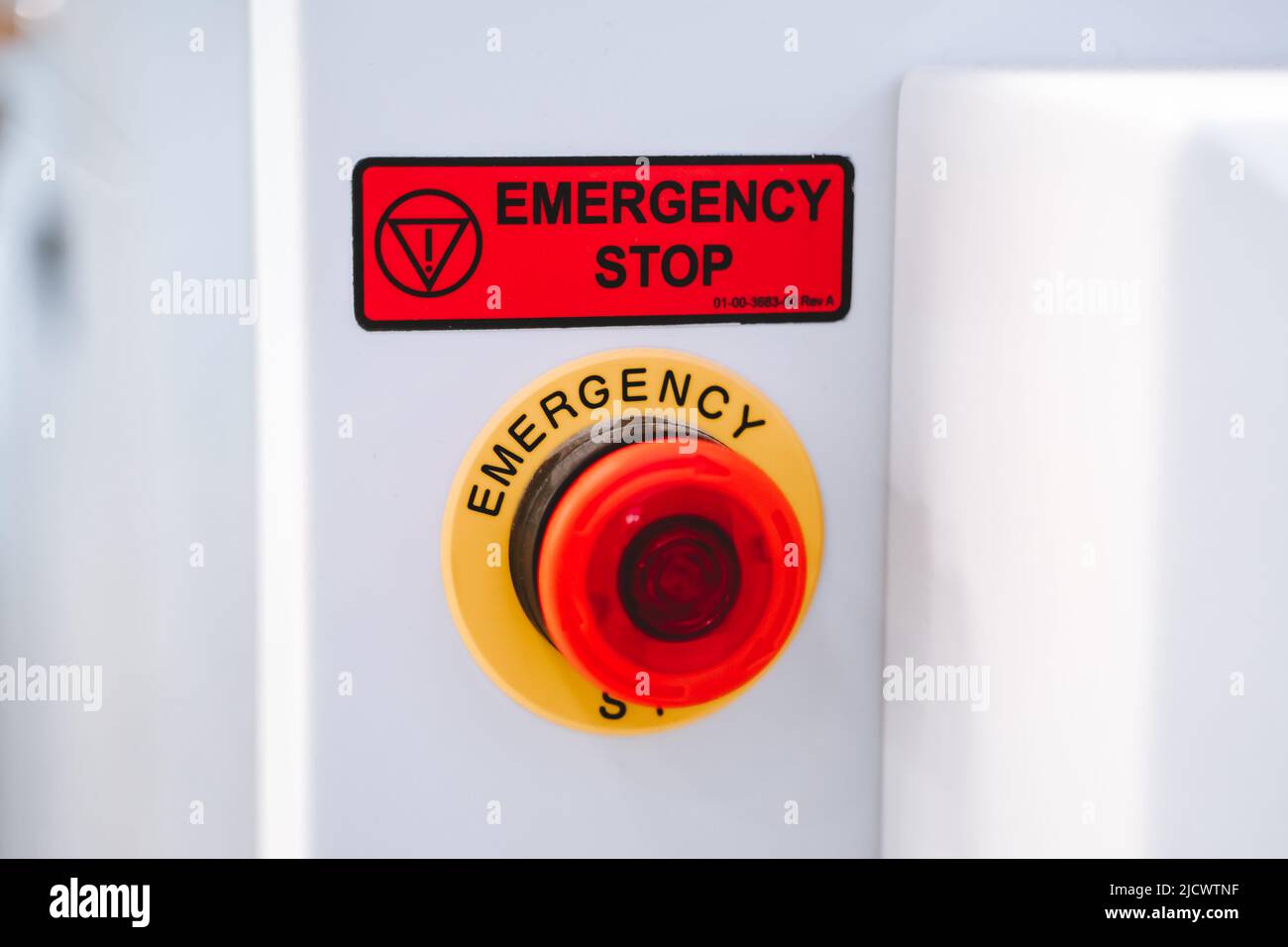 Selective focus. Big red emergency button or stop button for manual ...