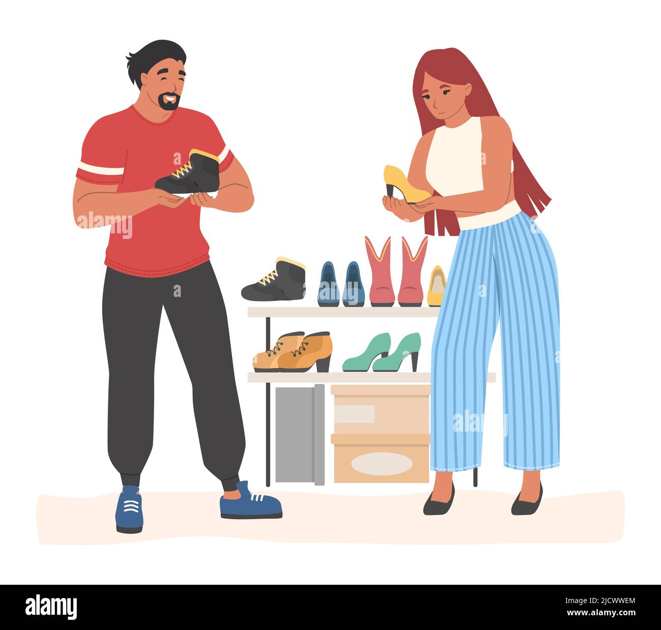 Couple in store choosing shoes vector illustration Stock Vector Image ...