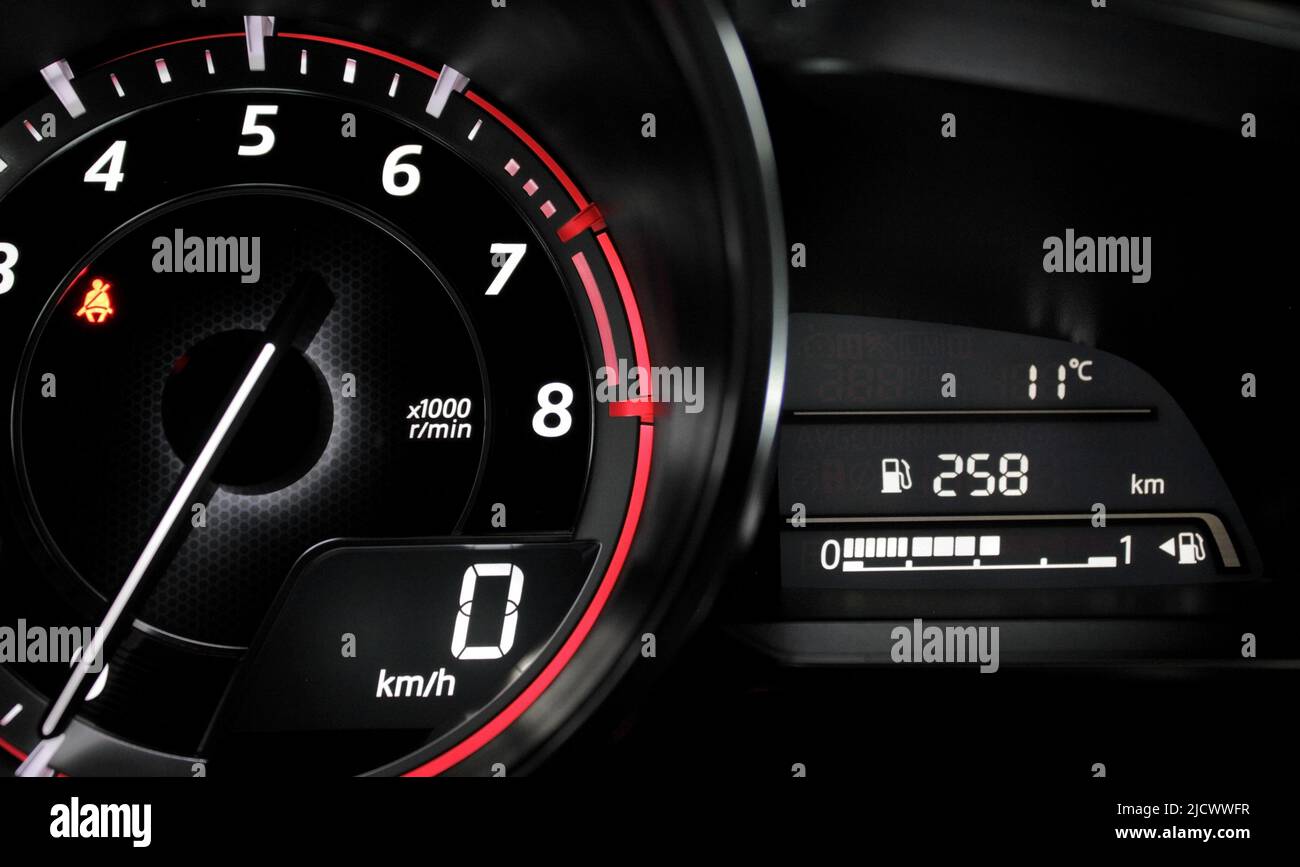 Tachometer with glowing needle indicate engine revolutions and zero ...