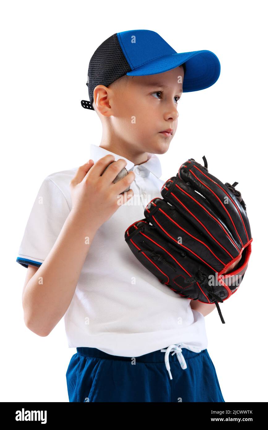Portrait of kid, beginner baseball player in sports uniform posing with ...
