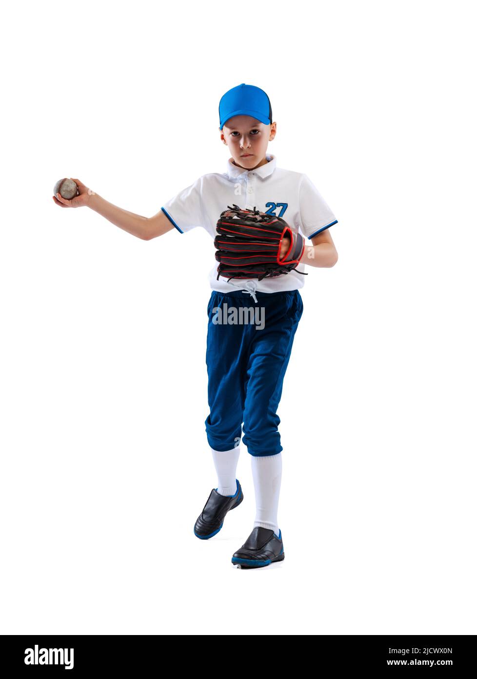 Little boy, baseball player, pitcher in blue-white uniform training ...
