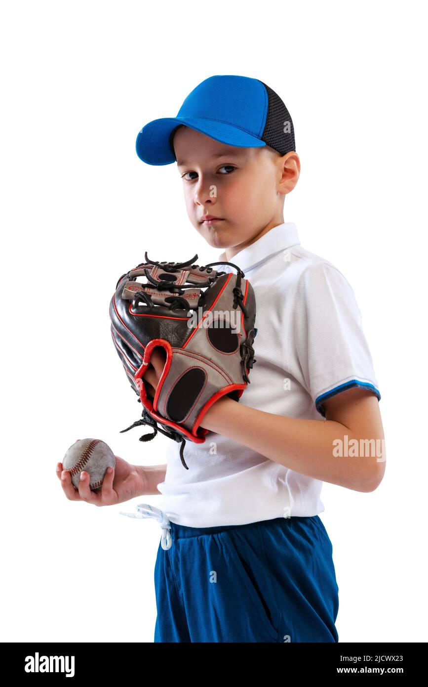 Portrait of kid, beginner baseball player in sports uniform posing with ...