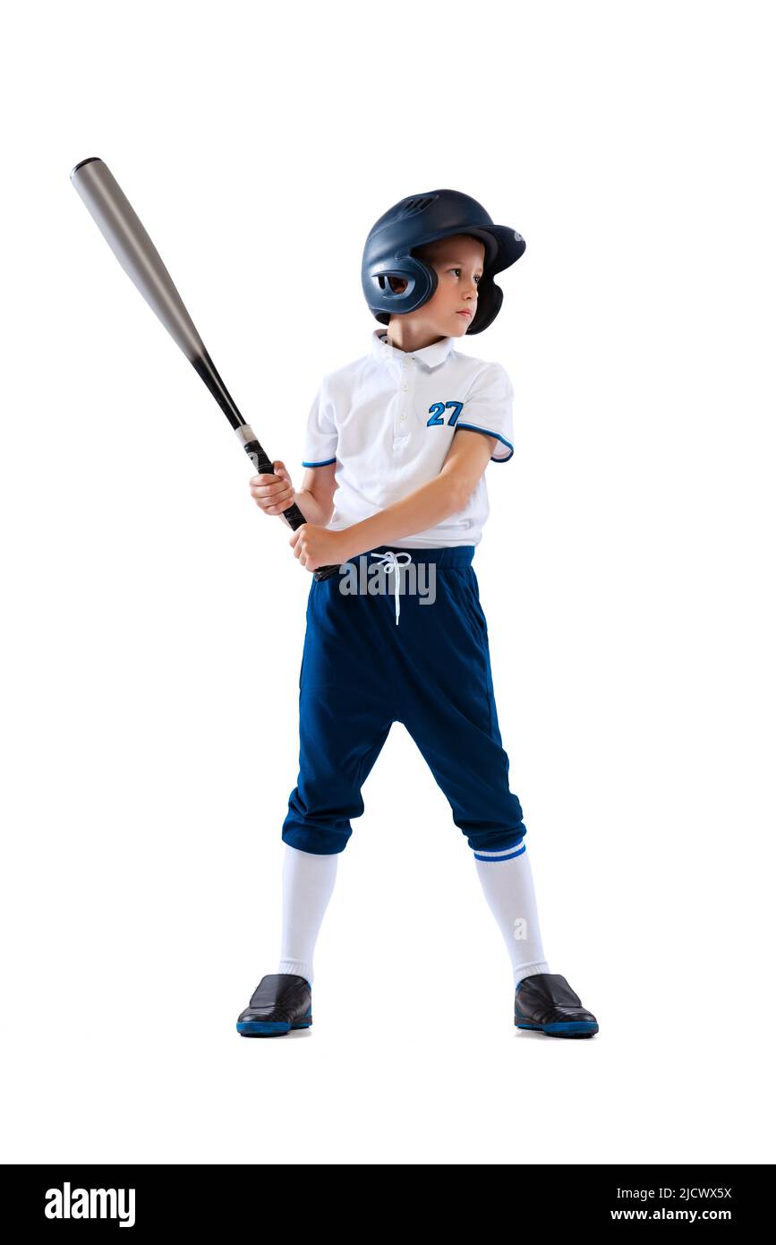 Little boy, baseball player, pitcher in blue-white uniform training ...