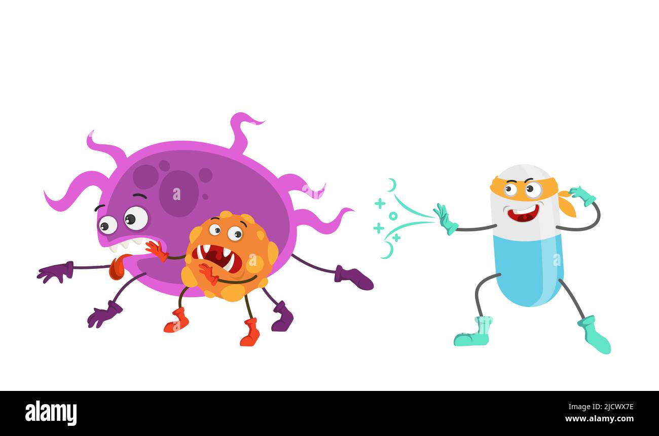 Cute superhero pill fight bacteria or virus vector Stock Vector Image ...