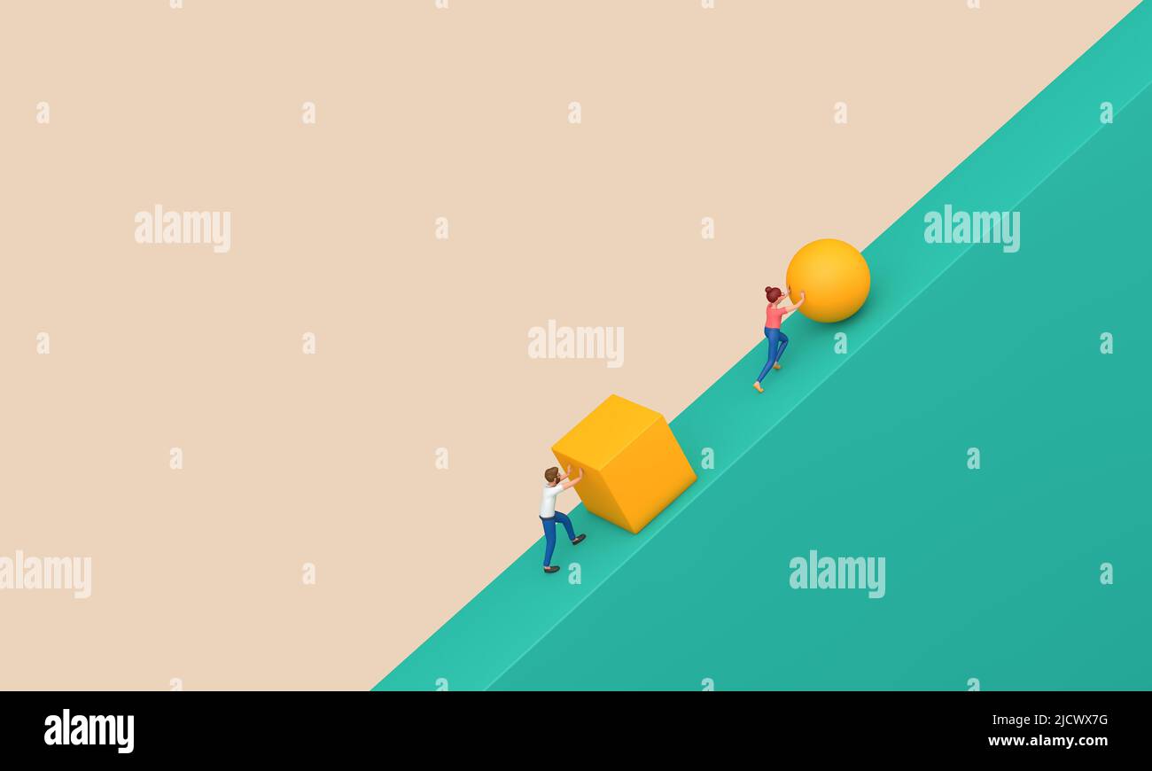 Work smarter not harder concept. pushing ball and cube up steep hill ...