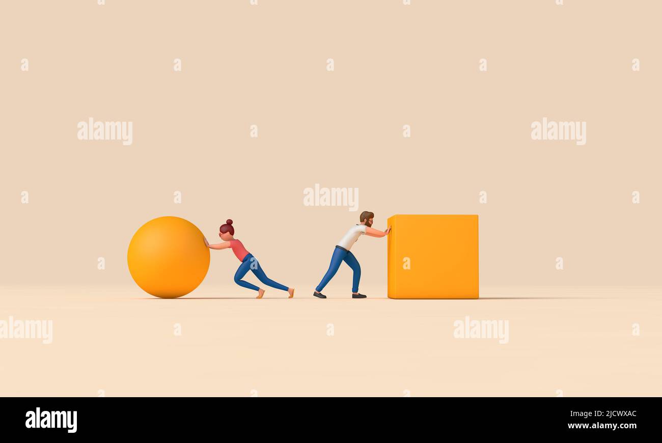 Efficient business. Person pushes a ball instead of a cube. 3D ...