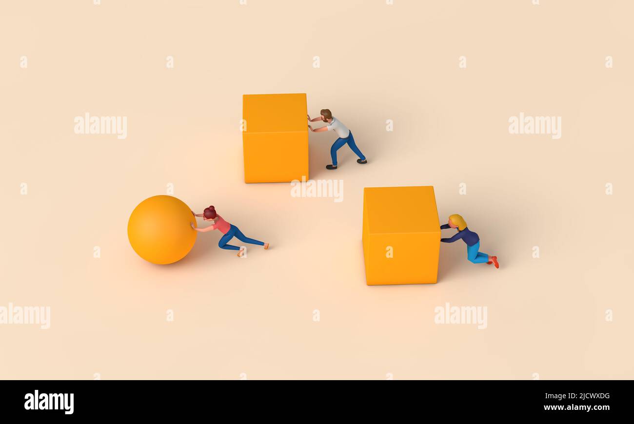 Efficient business. Person pushes a ball instead of a cube. 3D ...