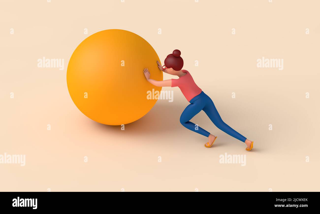 Female character pushing a large ball. Business challenges concept. 3D ...