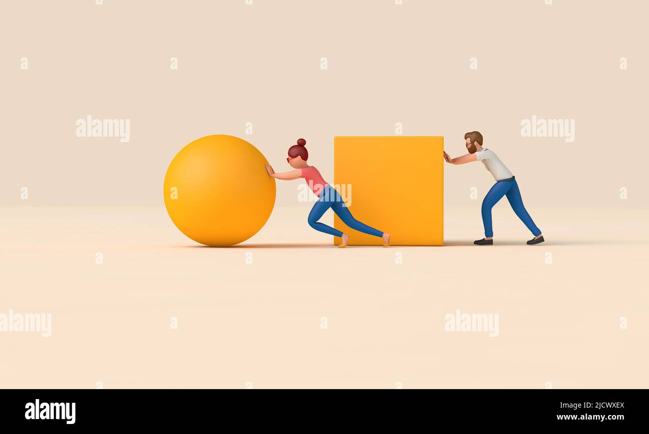 Efficient business. Person pushes a ball instead of a cube. 3D ...