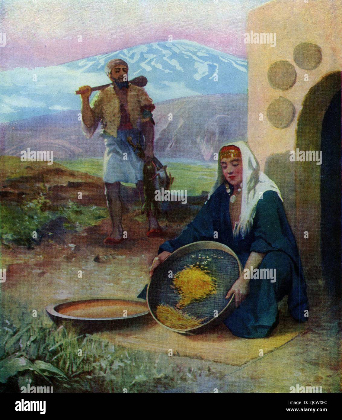 Illustration of a woman sifting wheat. The Original caption reads: The ...