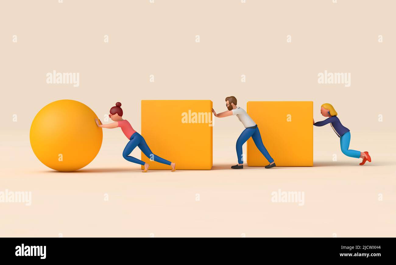 Efficient business. Person pushes a ball instead of a cube. 3D ...