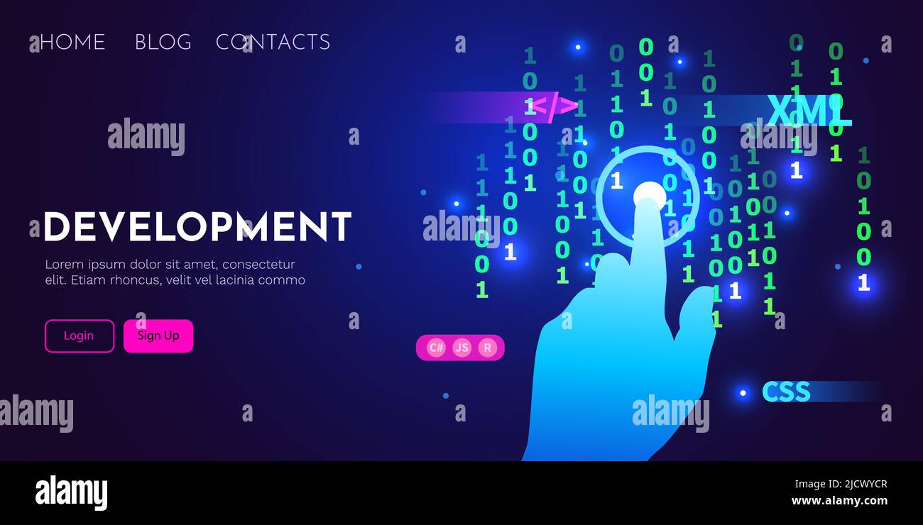 Web Development Coding And Programming Futuristic Banner Hand Touching Computer Code Vector