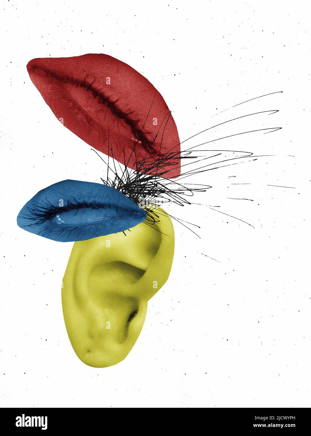 Contemporary art collage. Surreal artwork with human eyes and ear ...