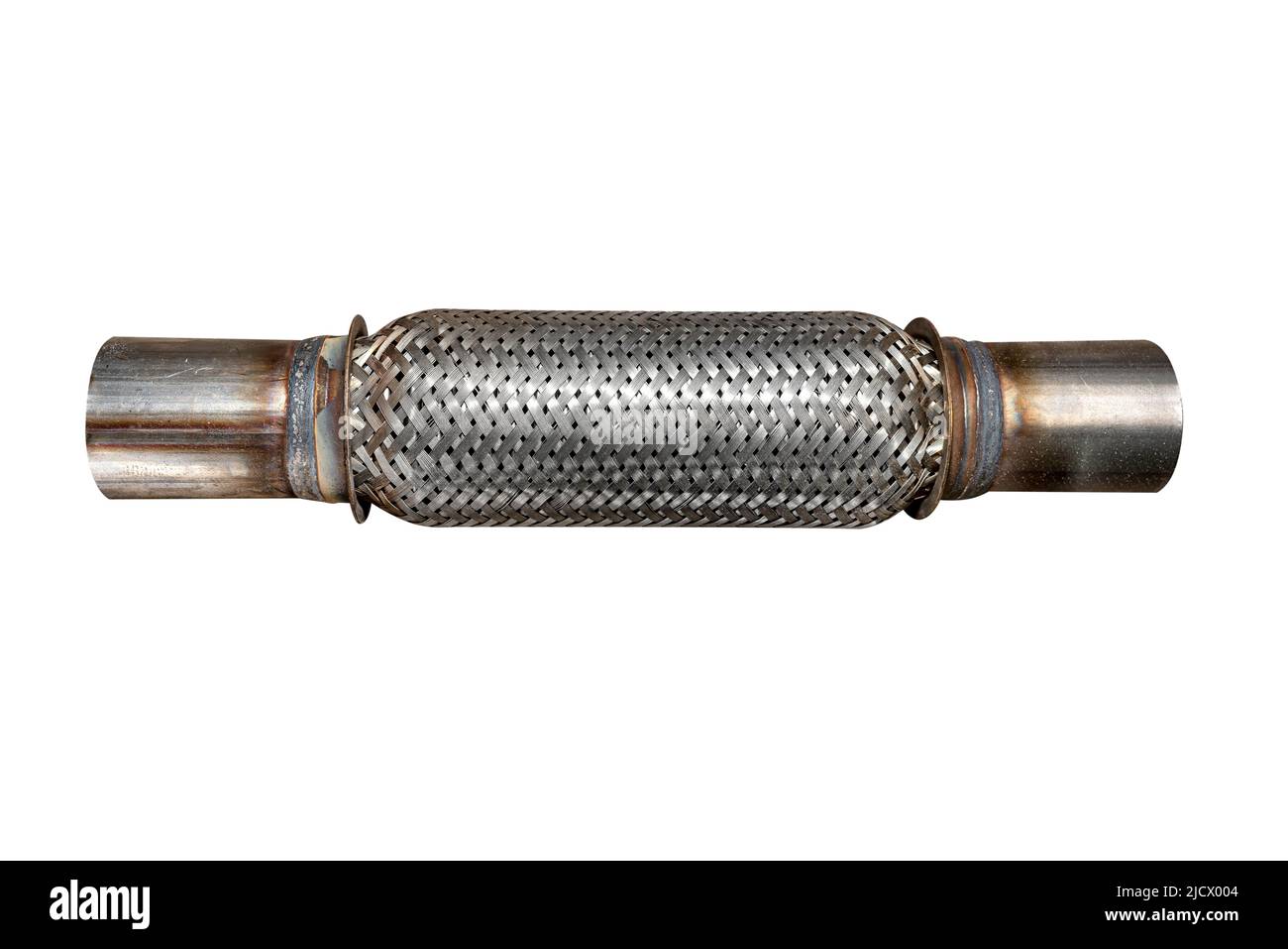 Metal exhaust flexible fitting, isolated on a white background with a ...