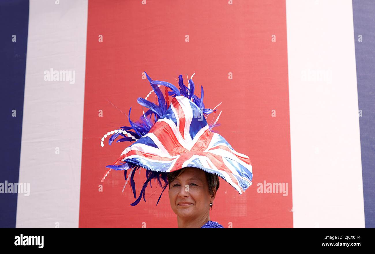 A racegoer wearing a Union Jack fascinator on day three of Royal Ascot ...