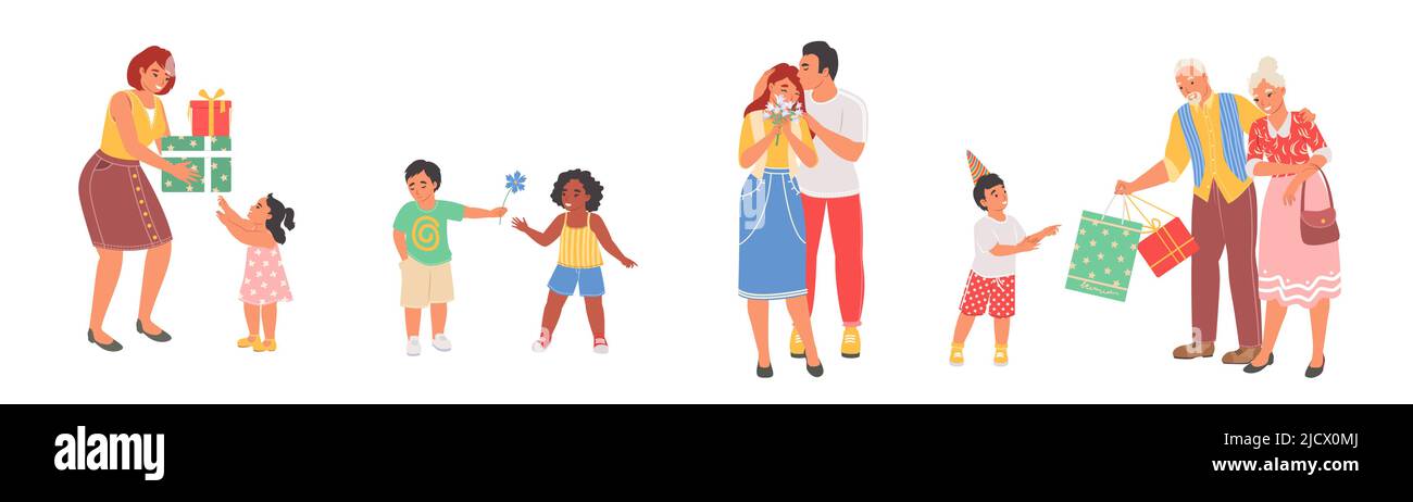 People character presenting gifts scene vector set Stock Vector Image ...