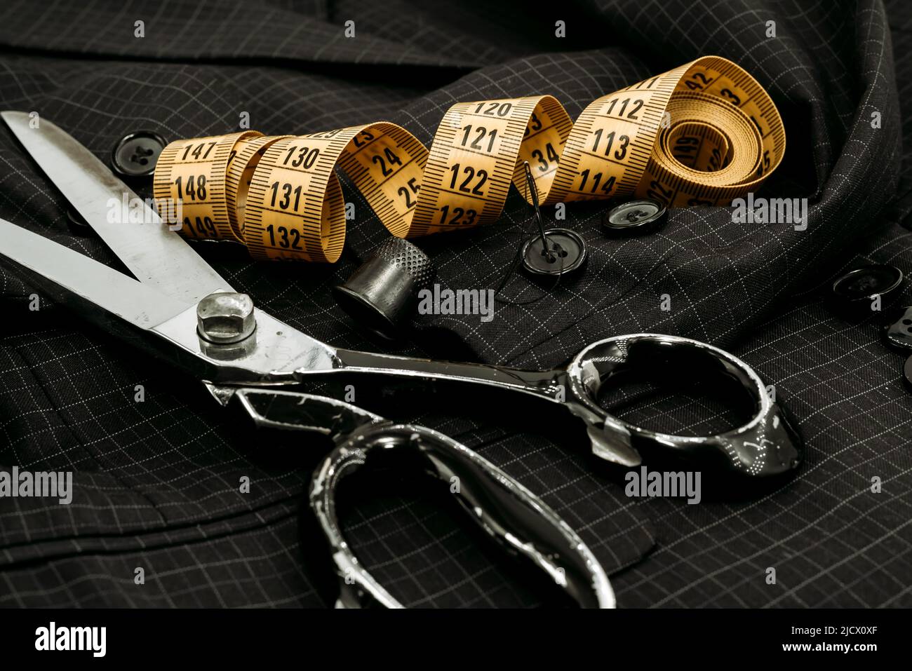 Retro tools for cutting and sewing. Needle with thread, thimble, sewing ...