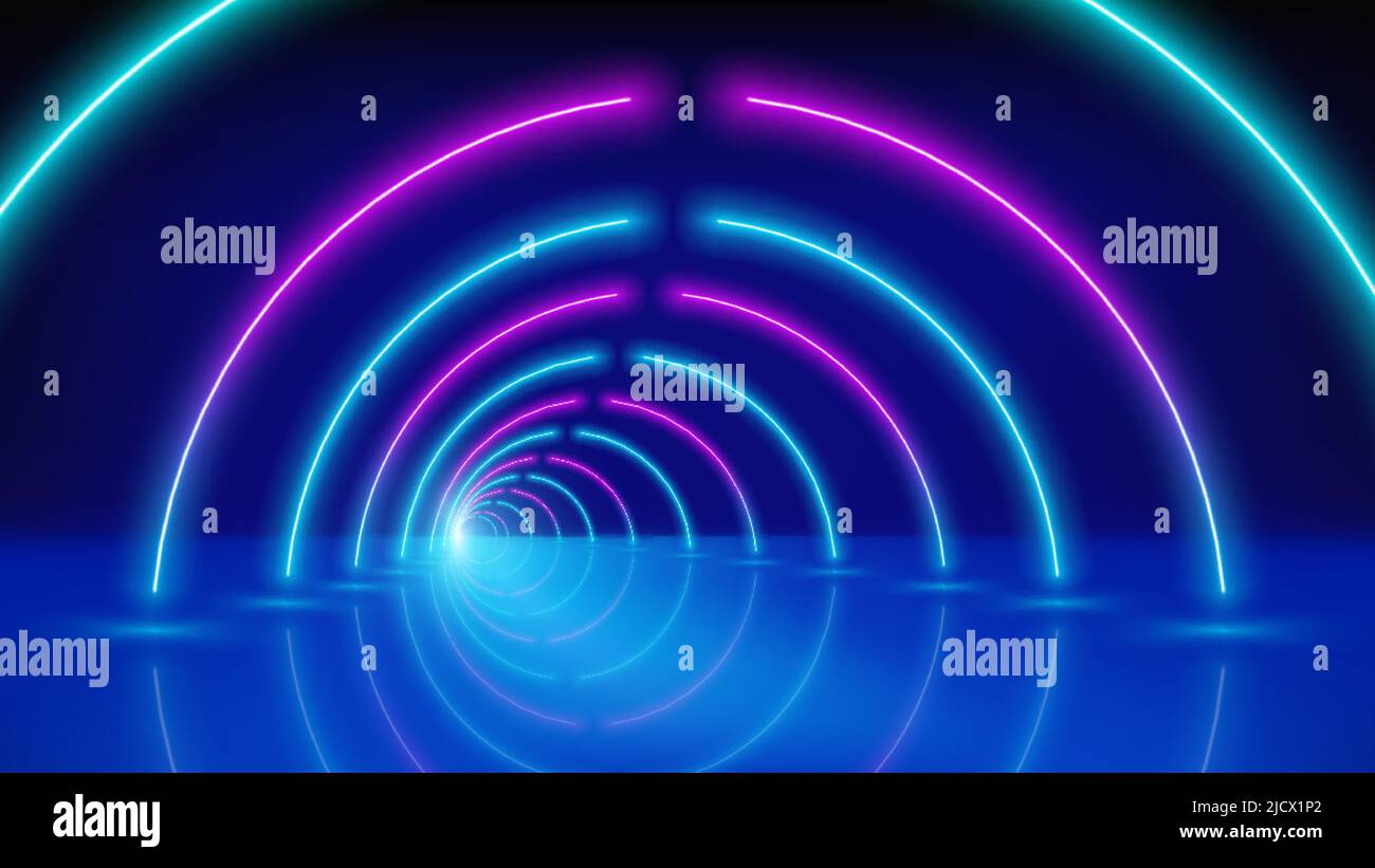 Glowing neon lines, tunnel, led stage. Abstract technological ...