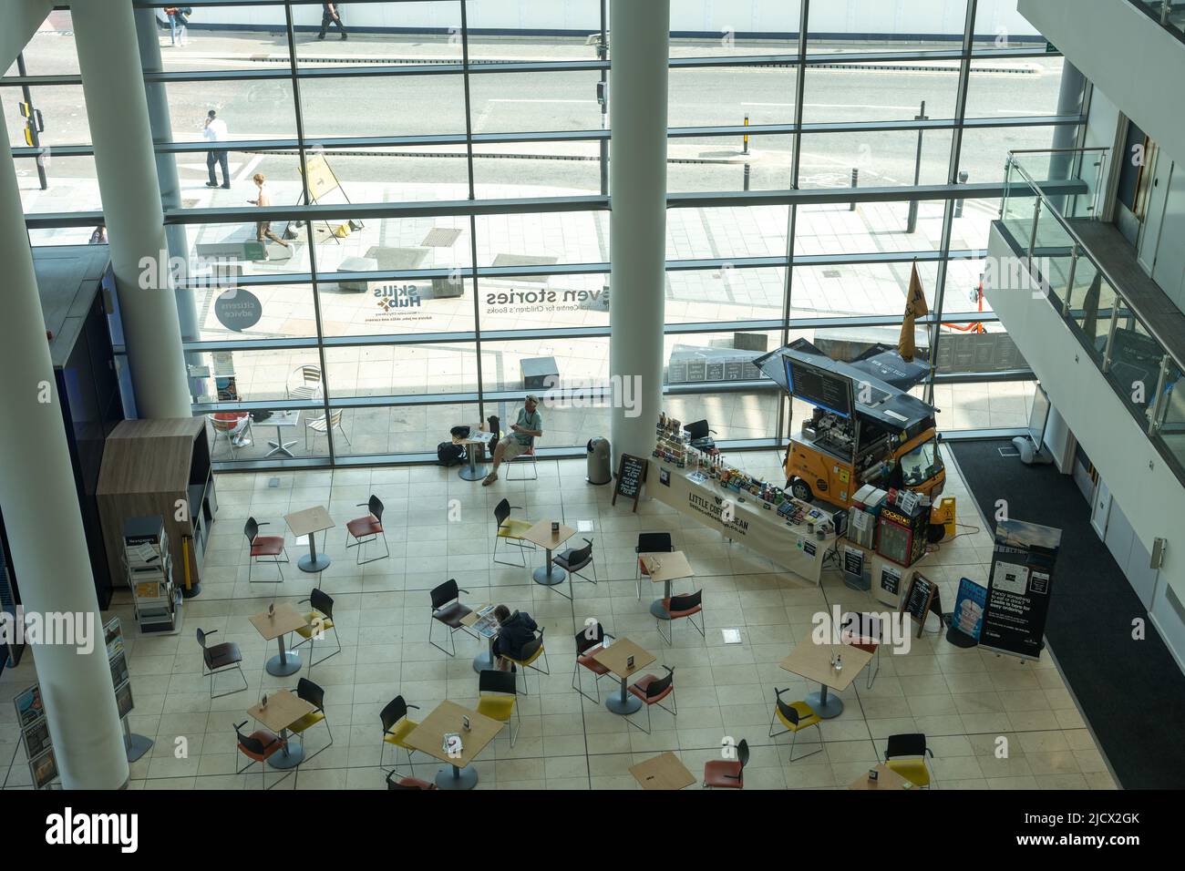 Looking down at the interior of Newcastle City Library café area ...