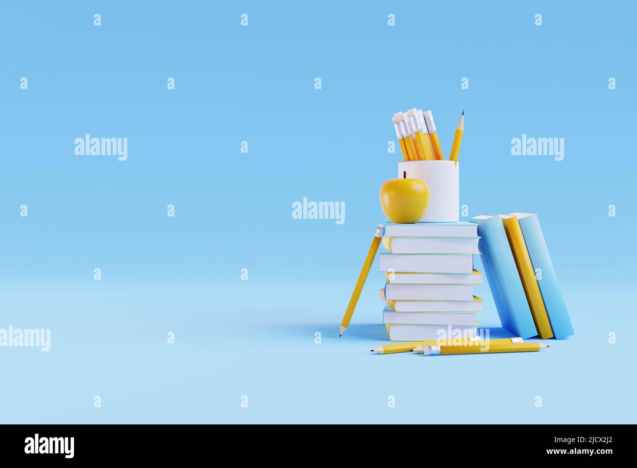 Stack of books with supplies. Back to school concept. 3D Render Stock ...