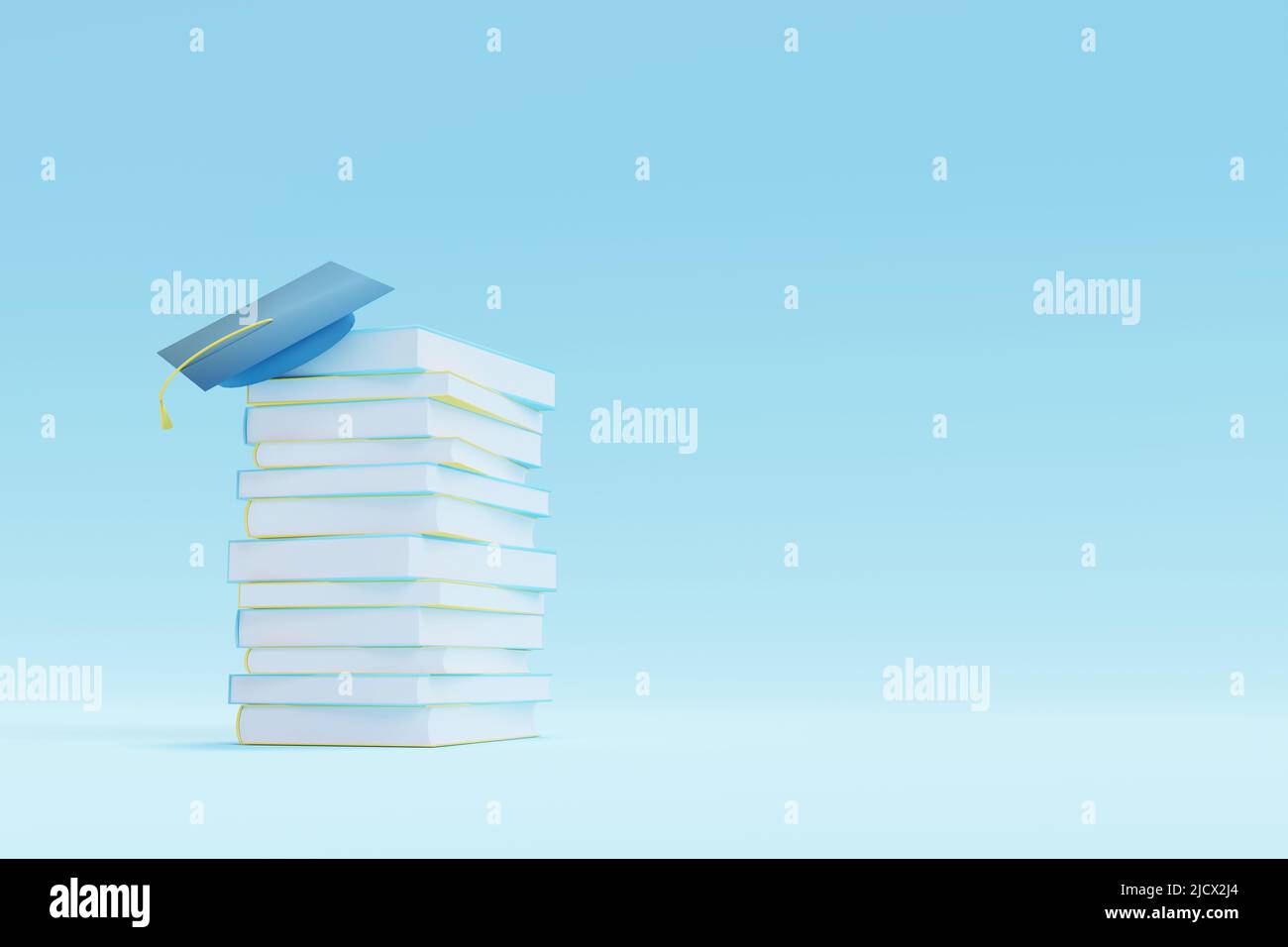 Stack of books with graduation cup on blue background. 3d render Stock ...