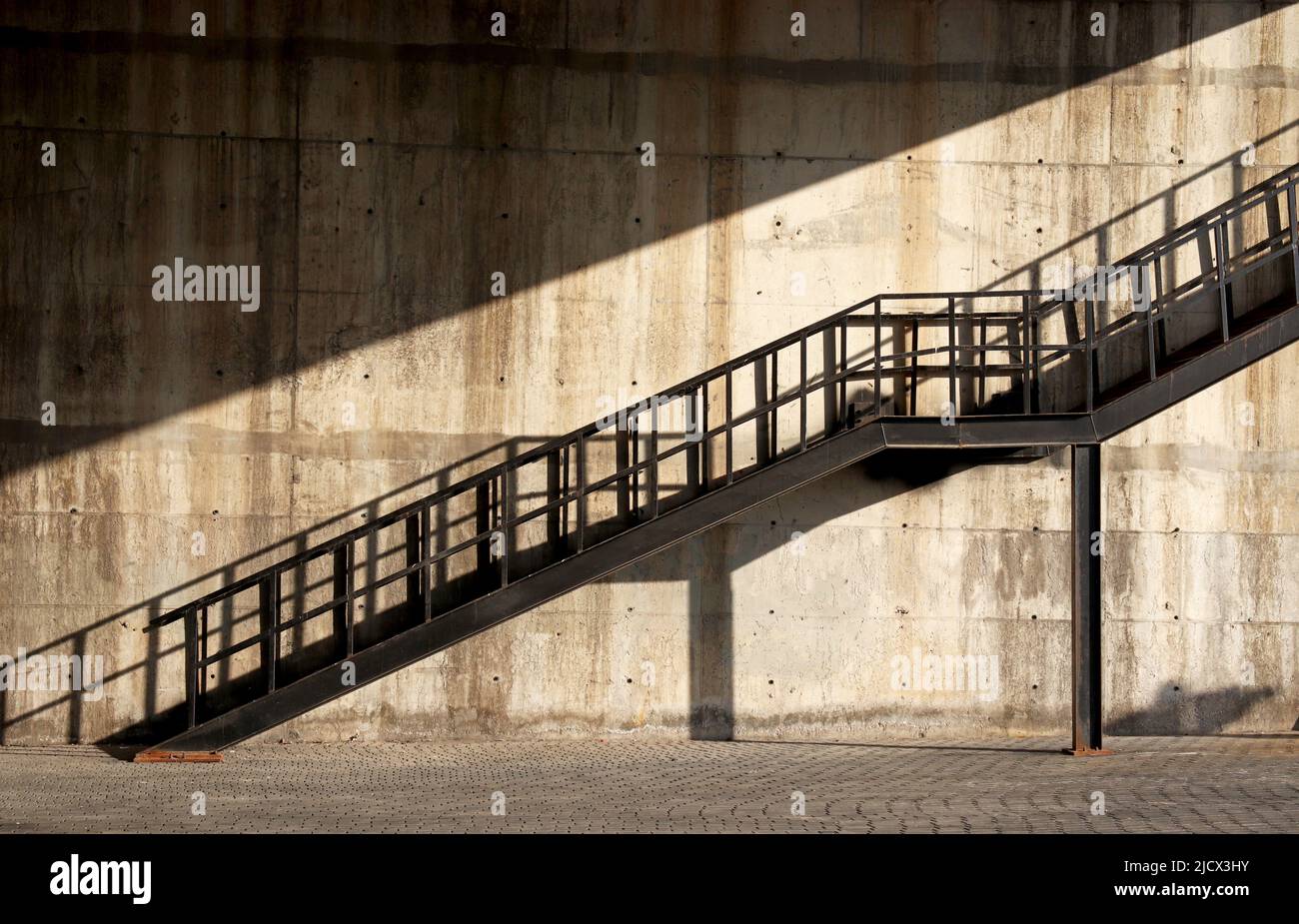 black and white old metal stairs of concrete wall Stock Photo - Alamy