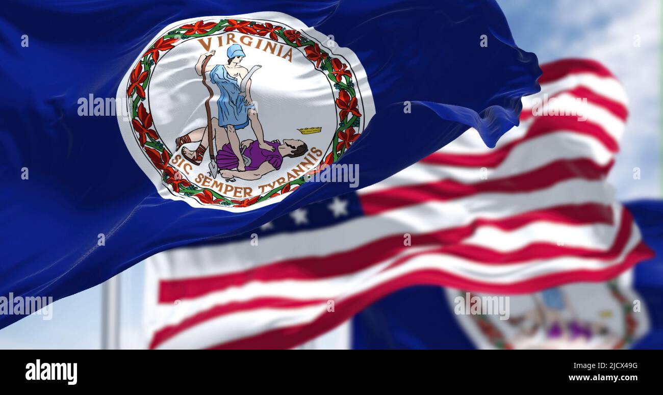 The Virginia state flag waving along with the national flag of the ...