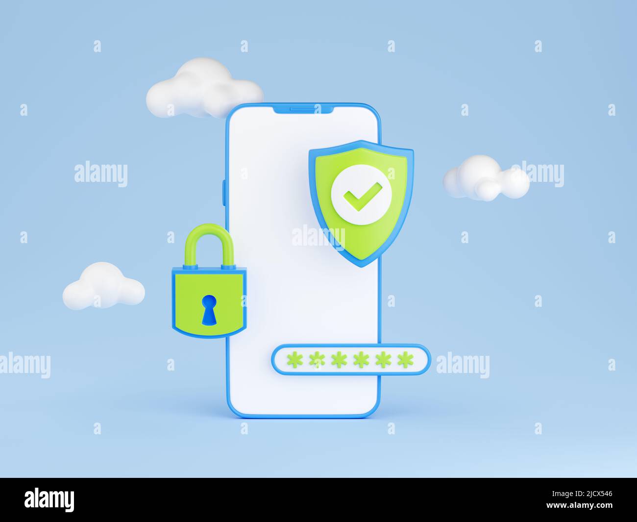 Personal data secure 3d render - padlock, password field and checkmark shield on mobile phone ...