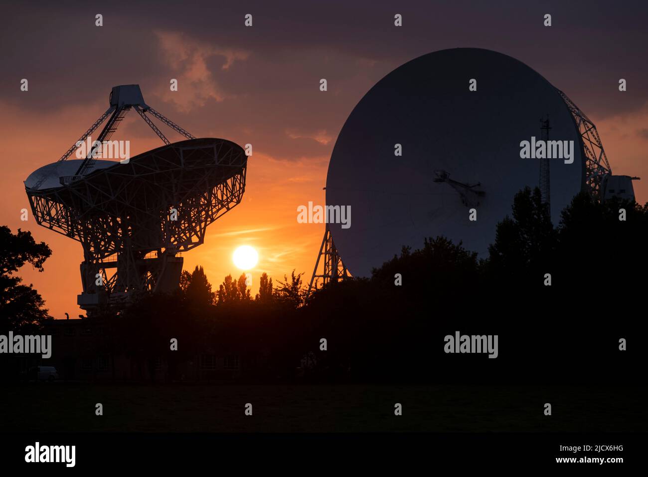 The Mark II Telescope and Lovell Mark I Giant Radio Telescope at sunset ...