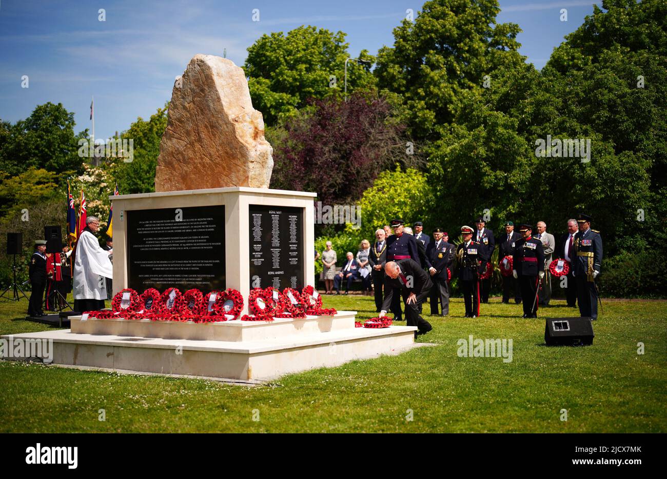 Wreaths are laid at a ceremony at the Welsh National Falklands Memorial ...