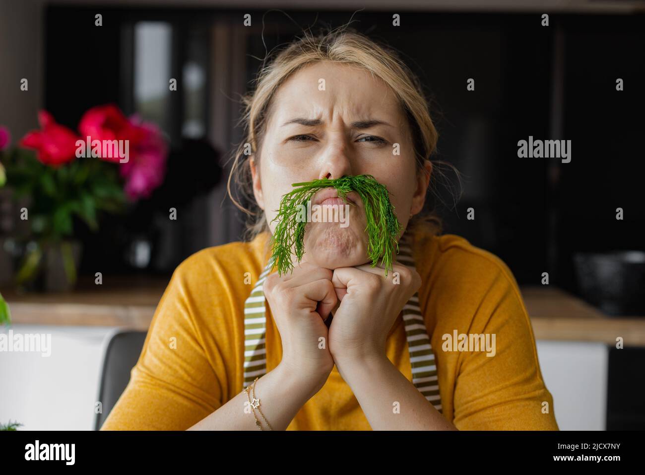 concept of positive lifestyle, Humor healthy food, Funny young woman ...