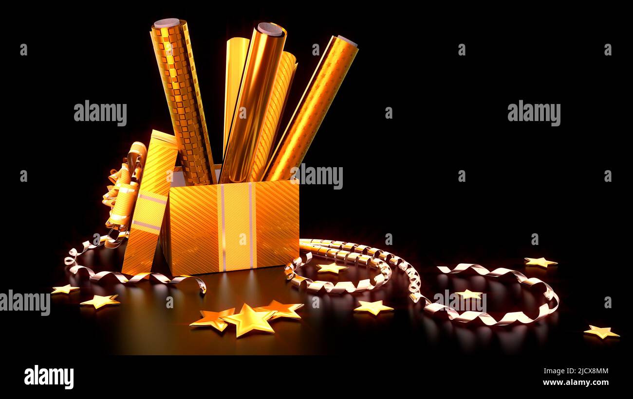 beautiful colorful gift packaging paper and present on black, isolated ...