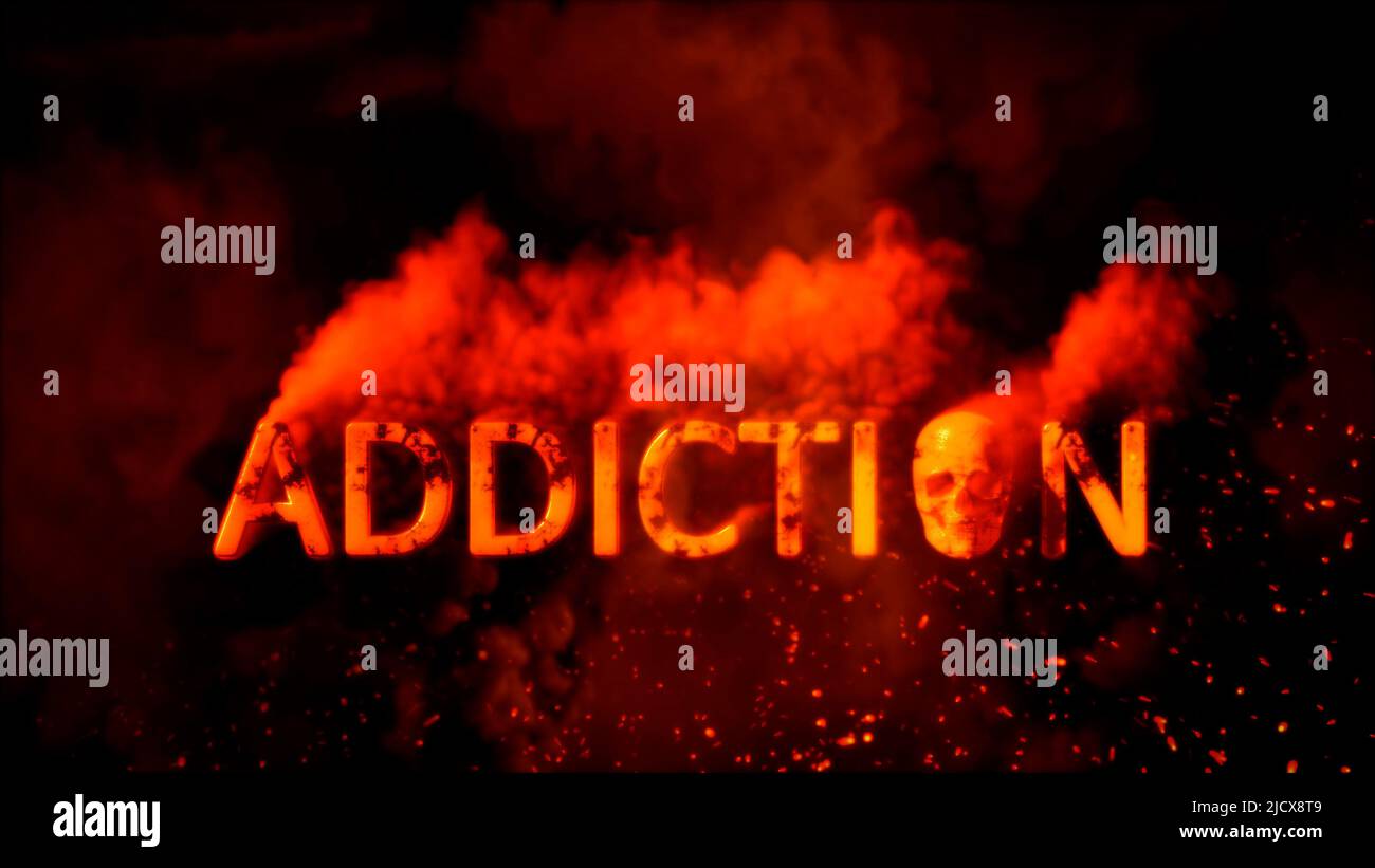 Text addiction with scary man skull on burning background - abstract 3D ...