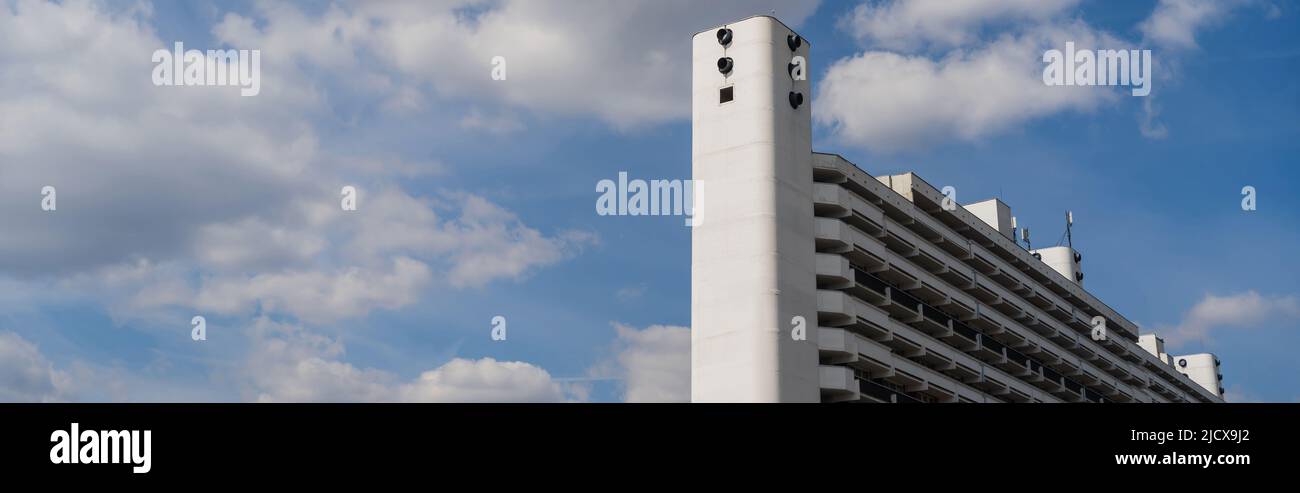 Building with white facade and sky at background in Wroclaw, banner ...