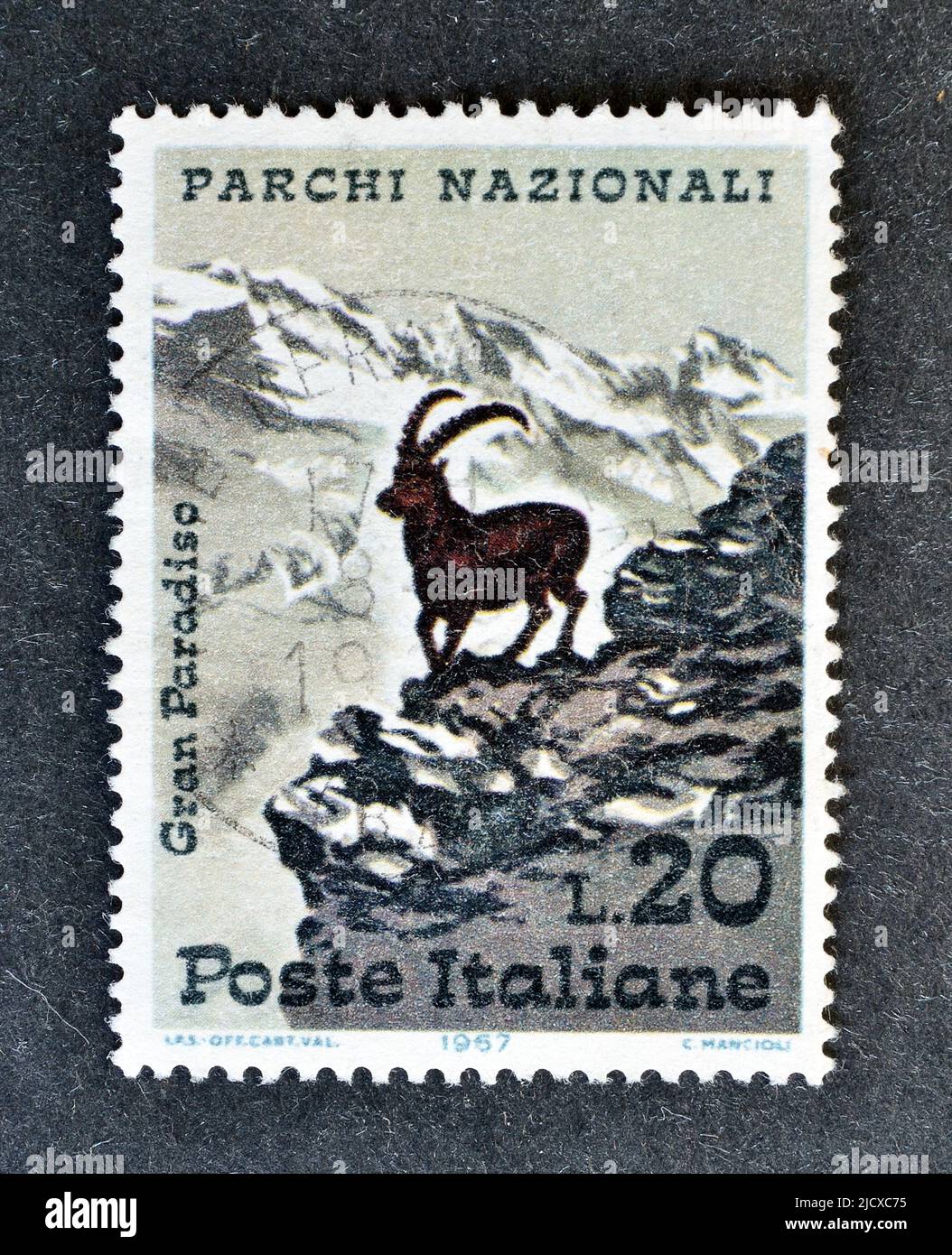 Cancelled postage stamp printed by Italy, that shows Alpine Ibex (Capra ...